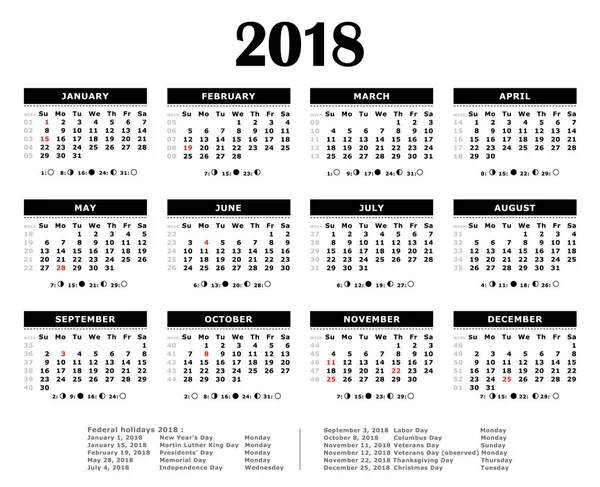 2018 yearly calendar. American colors. Federal holidays, moon and ...