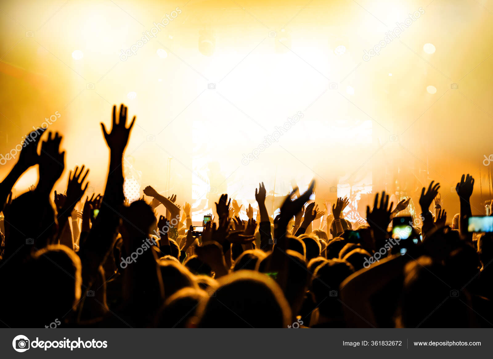 Cheerful Crowd Raised Hands Front Stage Musical Concert Popular Artist ...