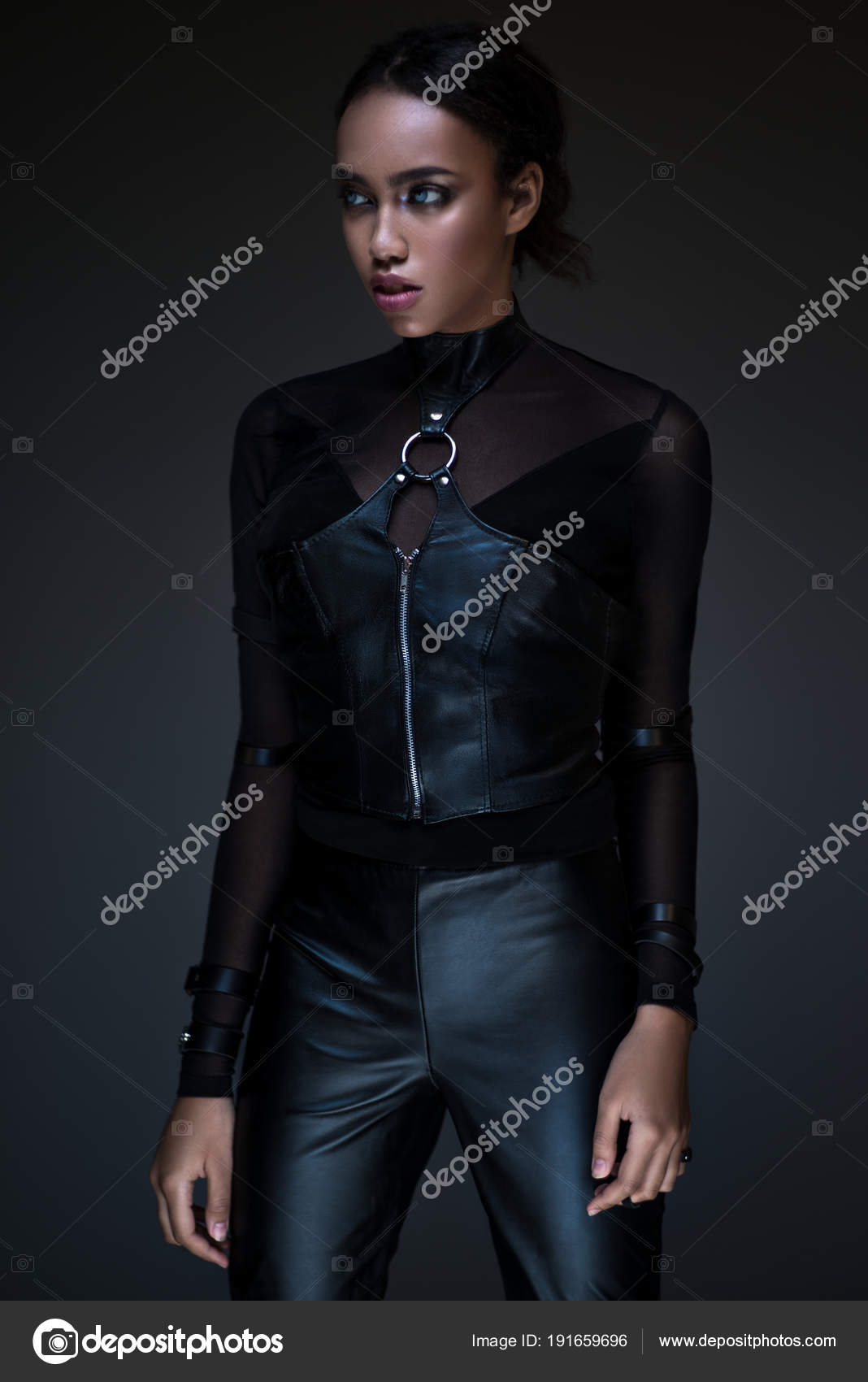 Half Body View Black Woman Gothic Outfit Posing Dark Background Stock ...