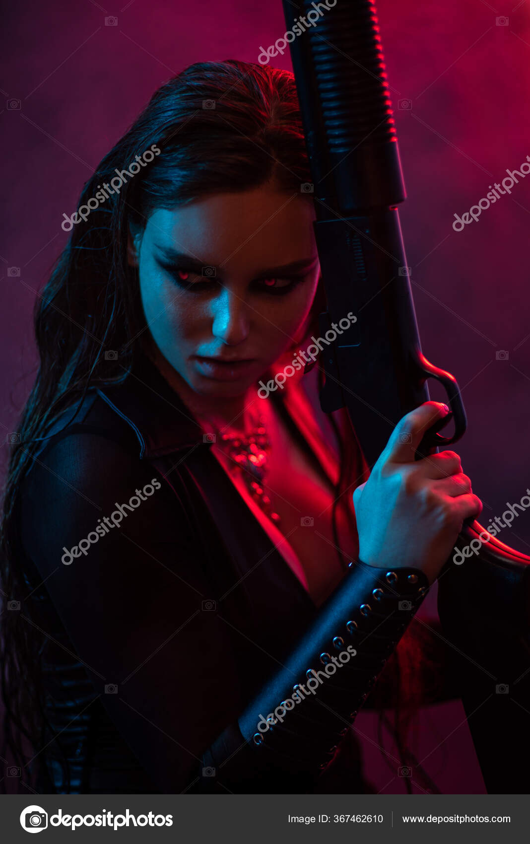 Young Woman Gun Posing Studio — Stock Photo © FlexDreams #367462610