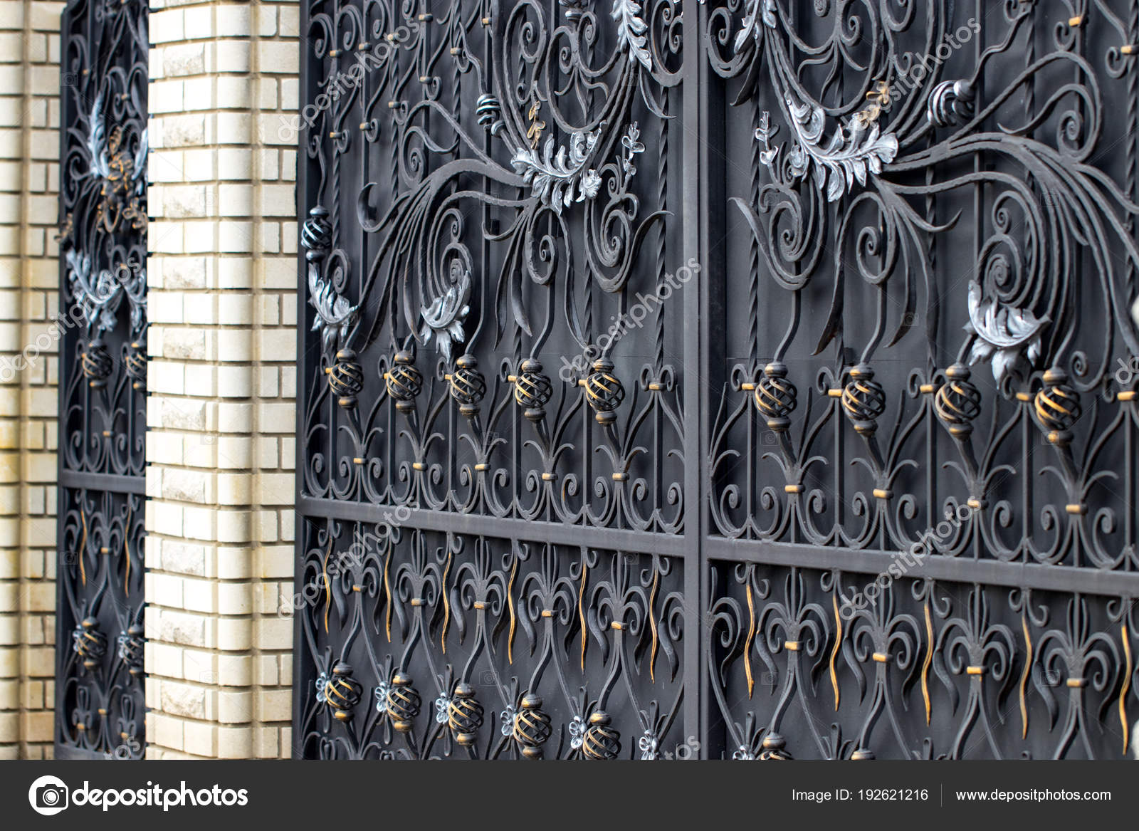 Wrought-iron gates, ornamental forging, forged elements close-up ...