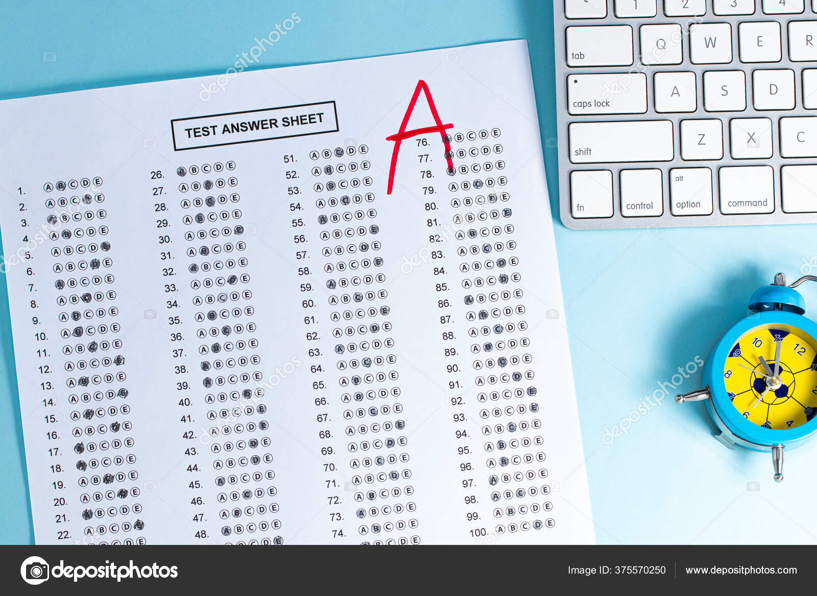 Final Exam Marked Red Pencil Blue Background Top View — Stock Photo ...