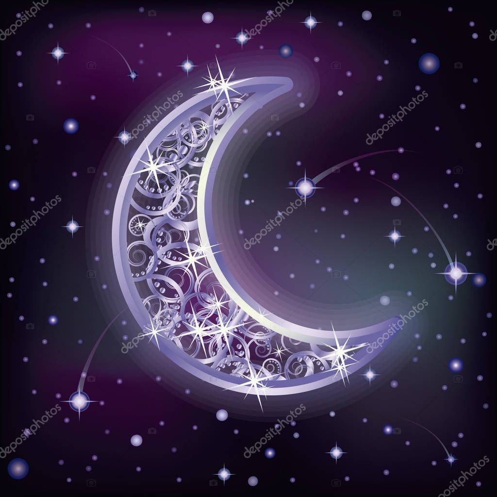 Silver moon and night starry sky, vector illustration Stock Vector ...