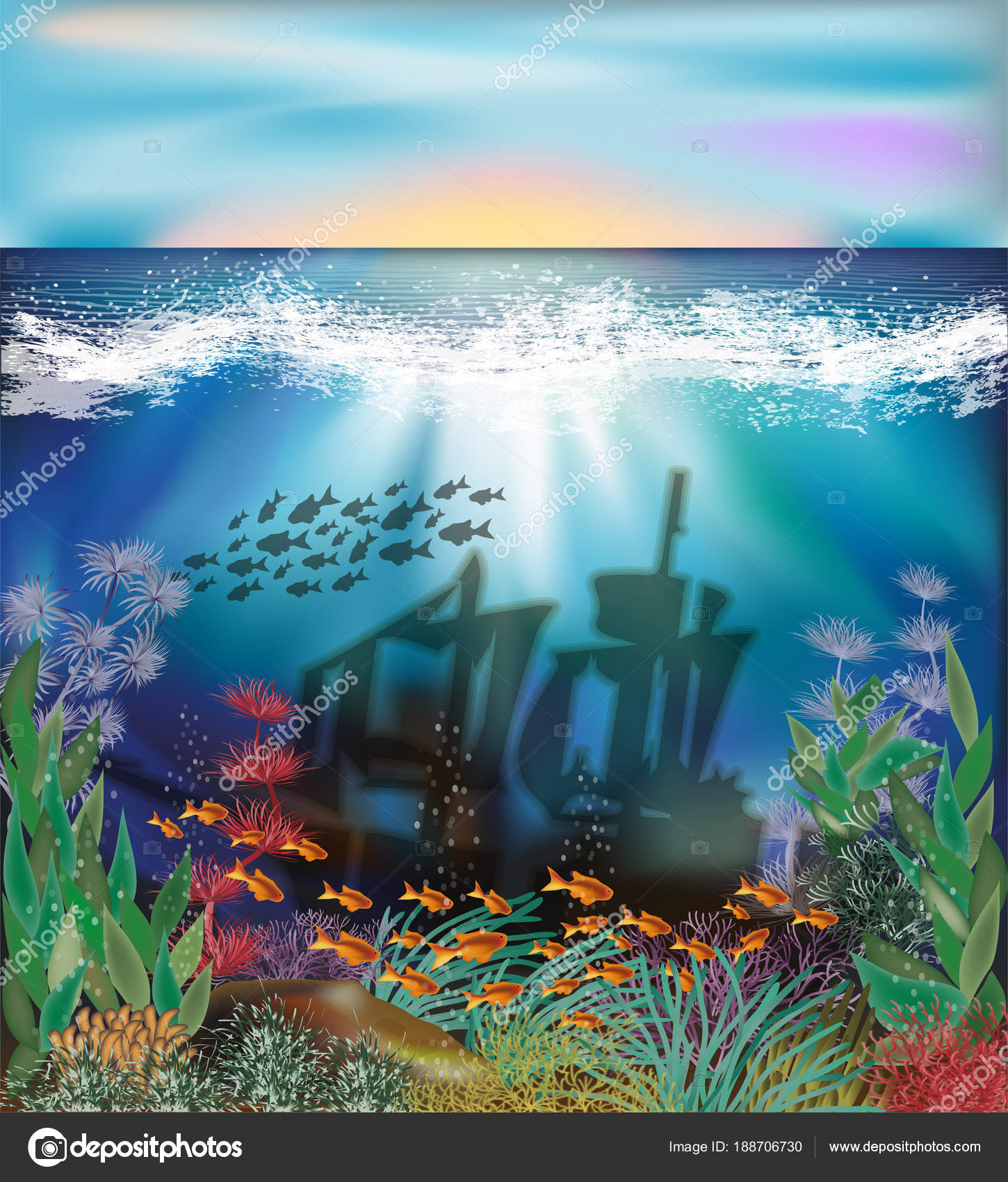 Underwater Background Sunken Ship Vector Illustration Stock Vector ...