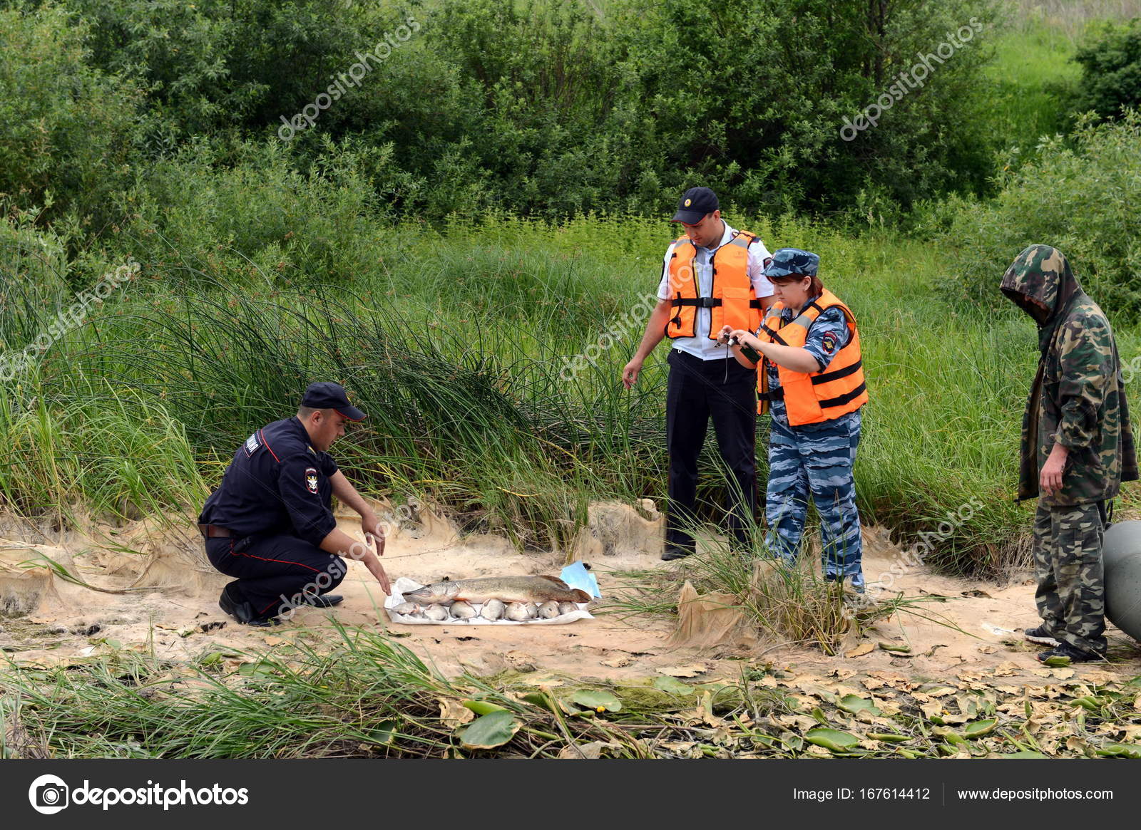 Police officers take out fish from a fisherman for poaching on the Oka ...