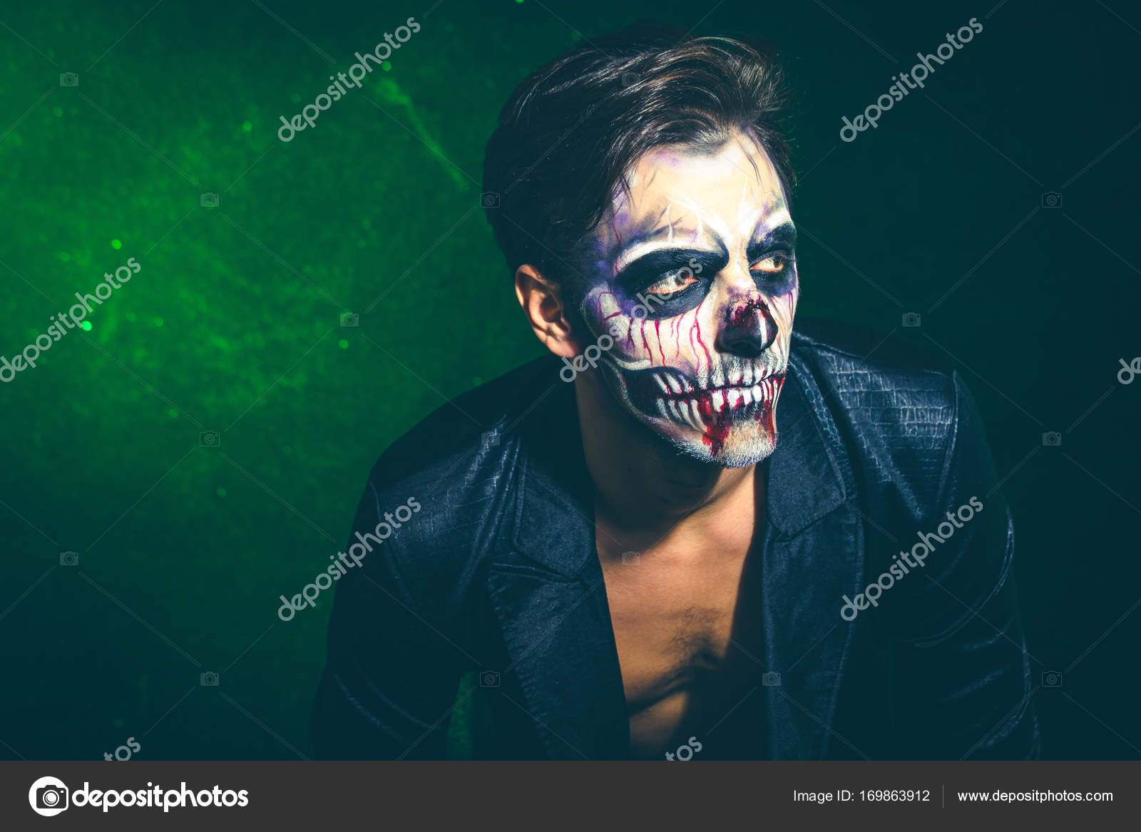 Scary halloween skeleton man in jacket studio Stock Photo by ©cokacoka ...