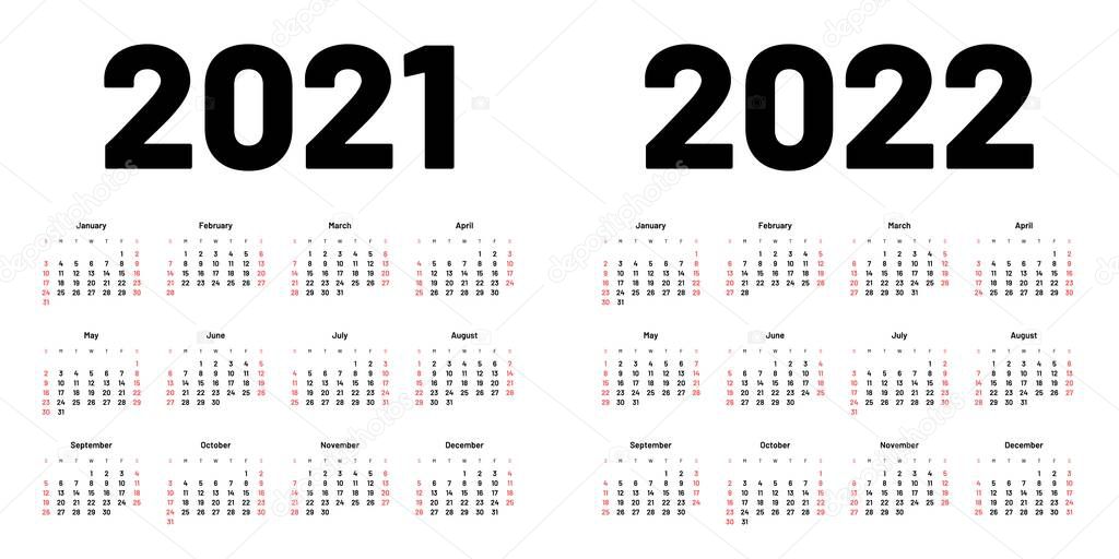 2021 ve 2022 yılları için takvim. Hafta Pazar günü başlıyor ...