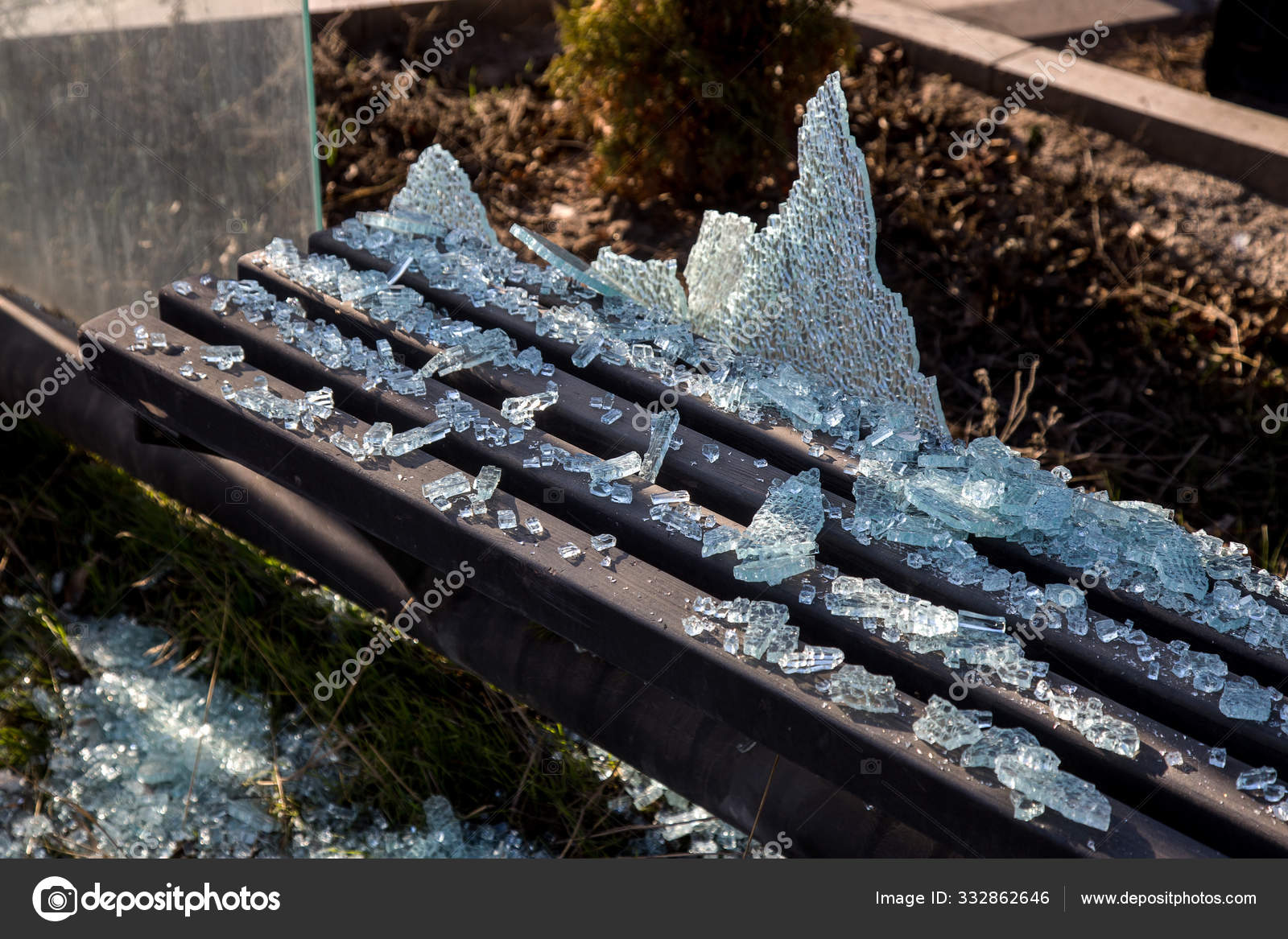 Broken Glass Bus Stop Highway Vandals Smashed Window Small Fragments ...