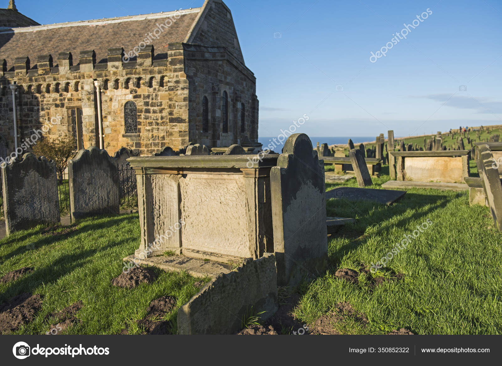 Old Eroded Church Cemetary Graveyard Rows Headstones Tombs Rural ...
