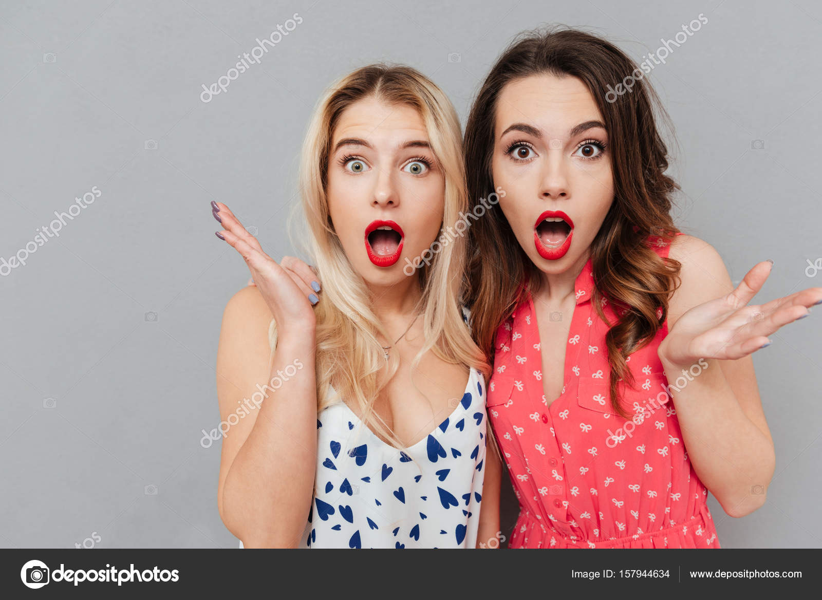 Shocked young two ladies friends with bright makeup lips Stock Photo by ...