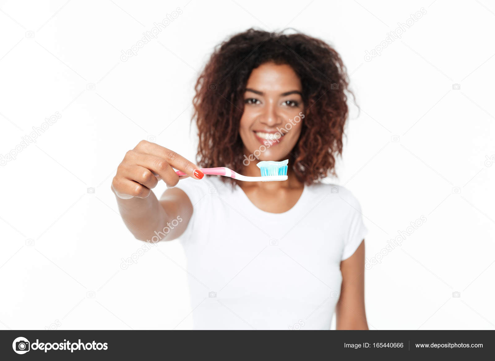 African lady holding toothbrush with toothpaste. — Stock Photo ...