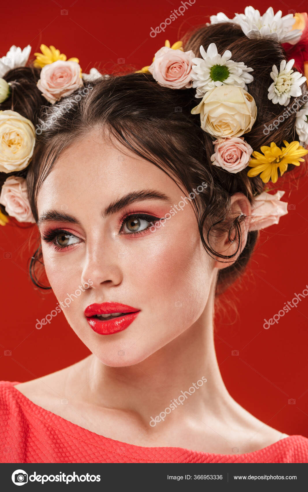 Close Portrait Beautiful Young Brunette Woman Floral Hairstyle Bright ...