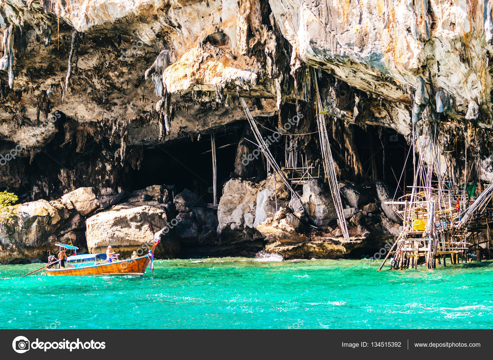 The Viking cave, on the shore of Maya bay, part of Phi Phi islan Stock ...