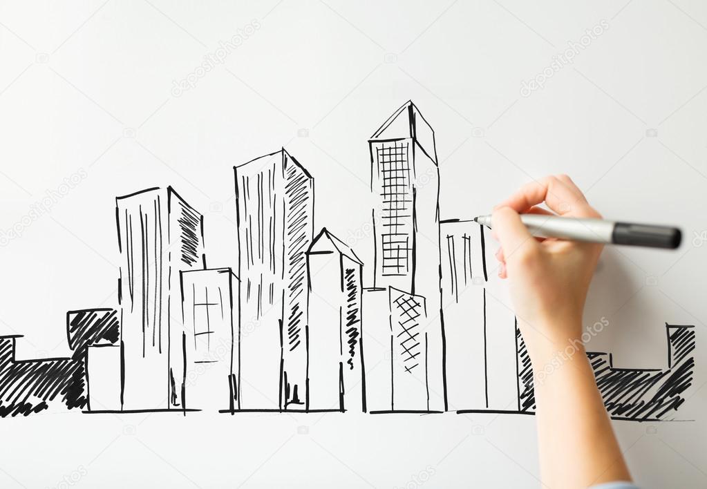 Close up of hand drawing city on white board Stock Photo by ©Syda ...