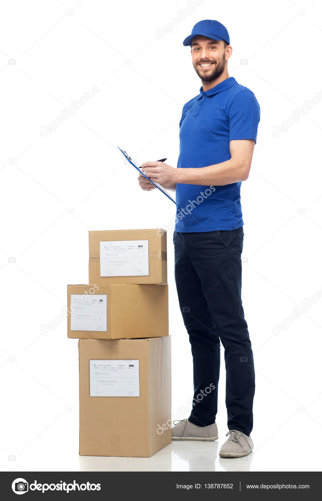 Happy delivery man with parcel boxes and clipboard — Stock Photo © Syda ...