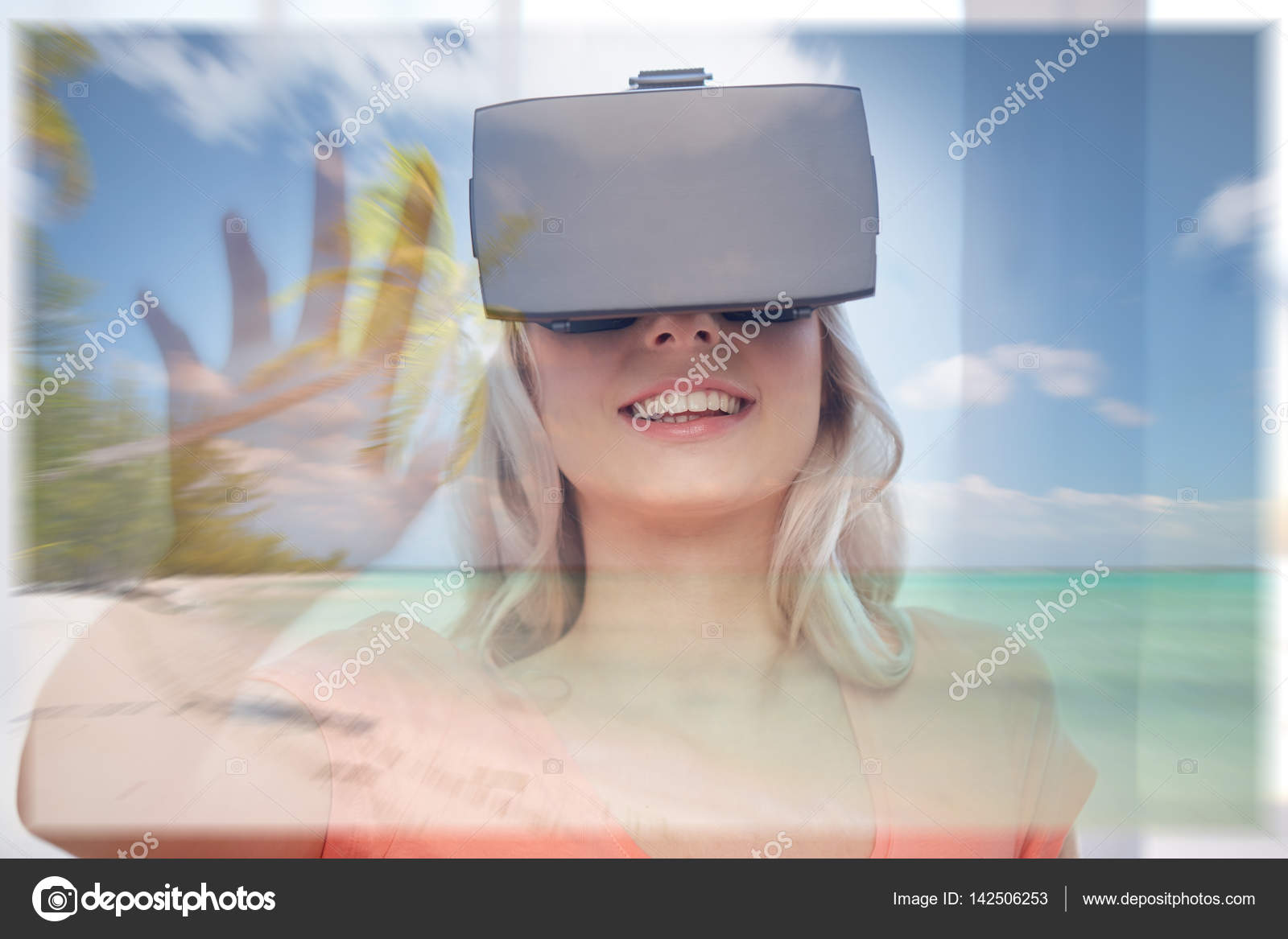 Woman with virtual reality headset over beach Stock Photo by ©Syda ...