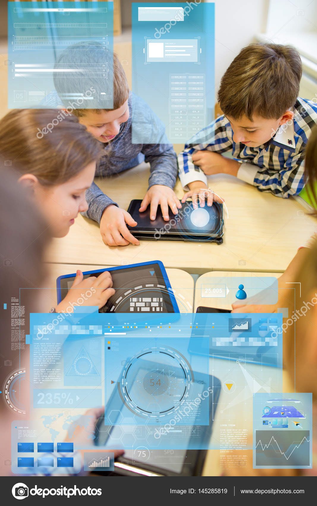 Group of school kids with tablet pc in classroom — Stock Photo © Syda ...