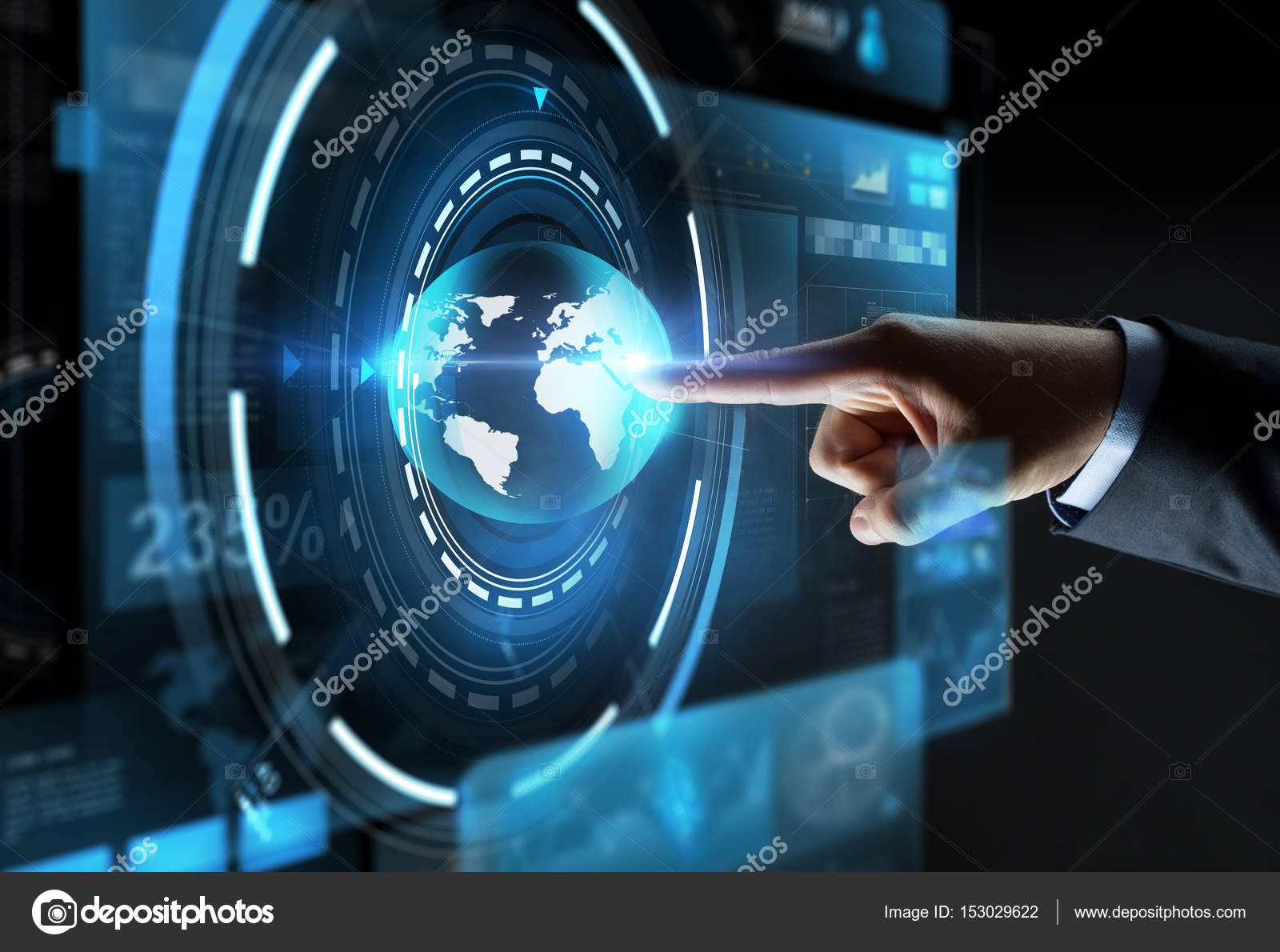Hand pointing finger to virtual earth projection — Stock Photo © Syda ...