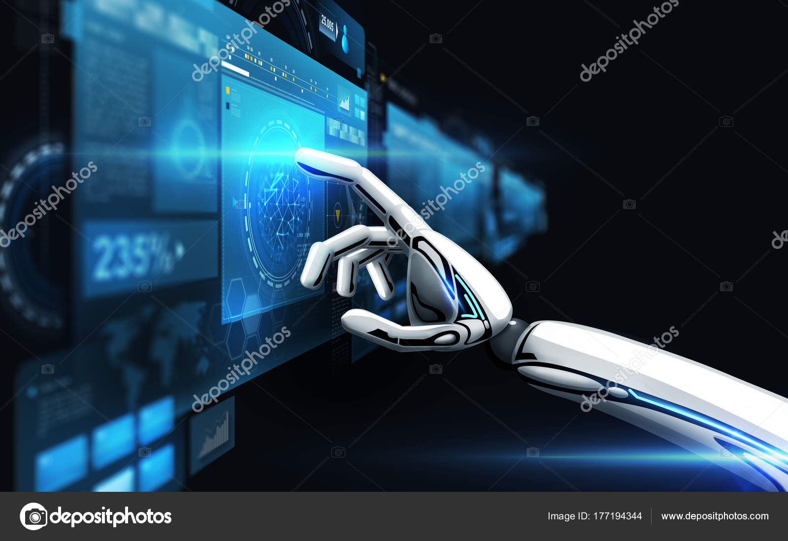 Robot hand touching virtual screen over black Stock Photo by ©Syda ...