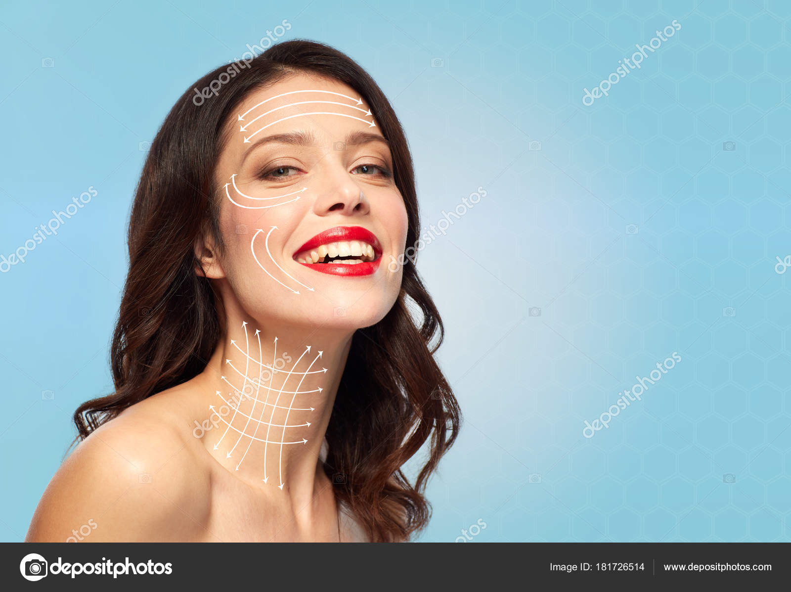 Woman with lifting arrows on face and neck skin — Stock Photo © Syda ...