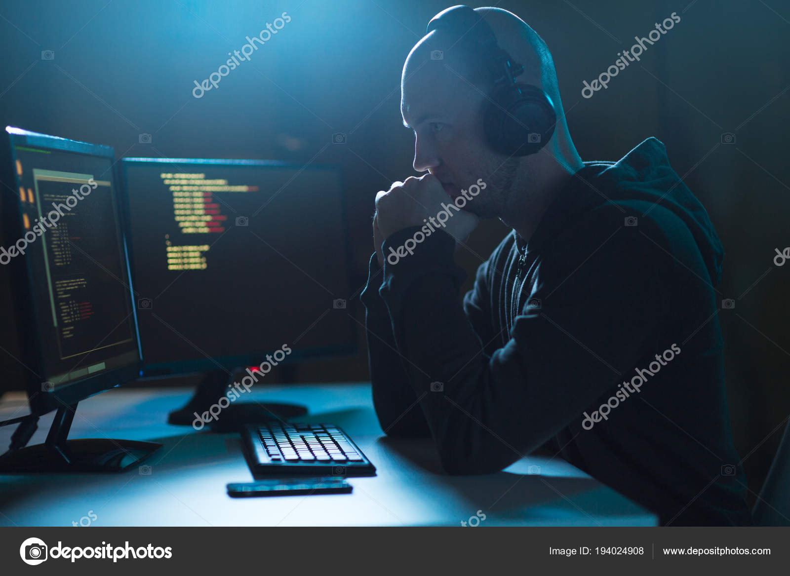 Hacker with coding on laptop computer in dark room — Stock Photo © Syda ...