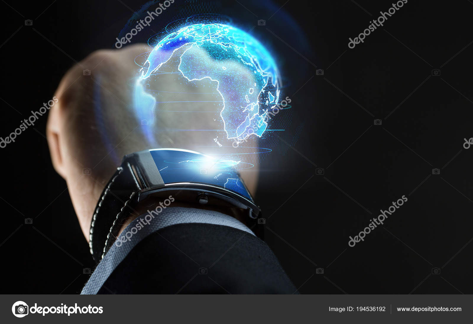 Hand with smart watch and earth hologram — Stock Photo © Syda ...
