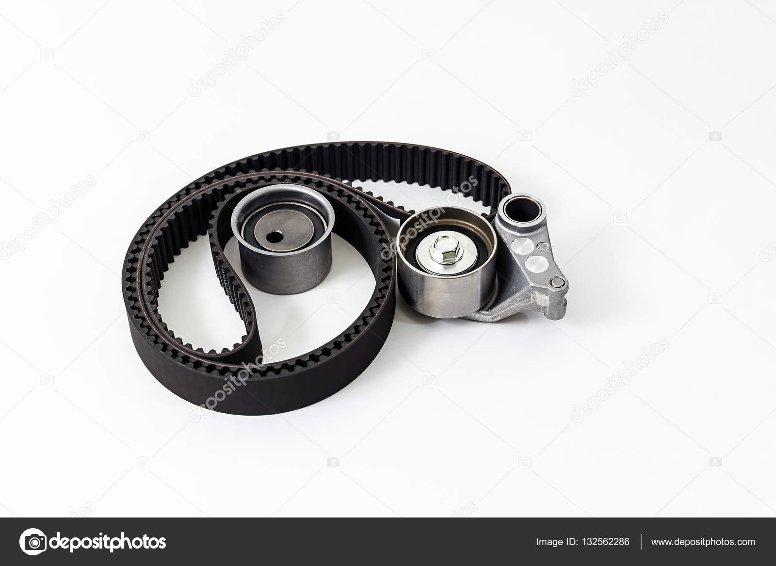 Kit of timing belt with rollers on a white background isolated. Auto ...