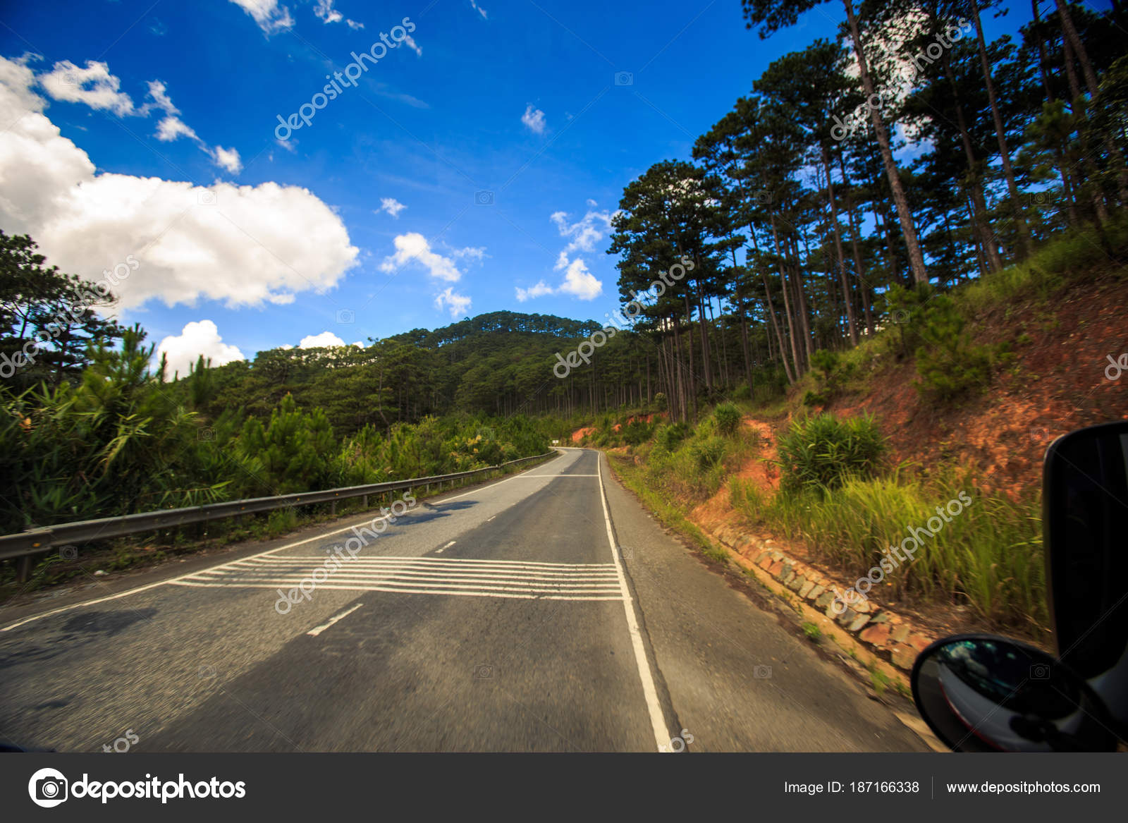 View Sunny Highway Wooded Hills Cloudy Blue Sky Out Bus — Stock Photo ...