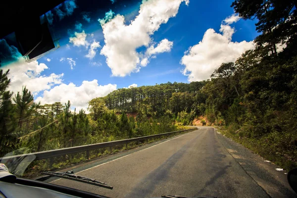 View Sunny Highway Wooded Hills Cloudy Blue Sky Out Bus — Stock Photo ...