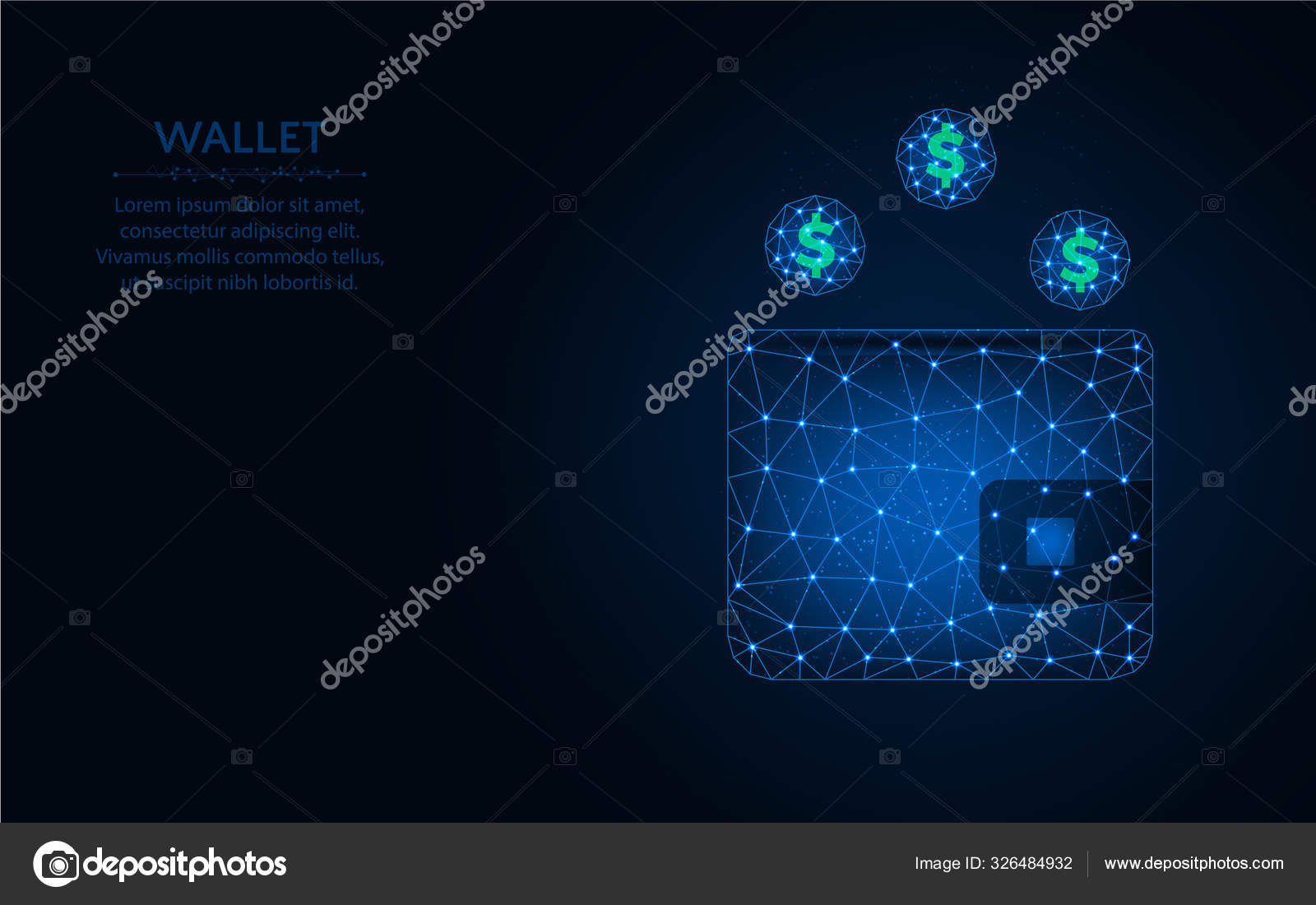 Wallet with coins low poly design, save money wireframe mesh polygonal ...