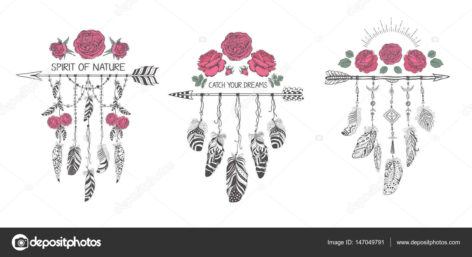 Conjunto de diseño boho dibujado a mano con flor de rosa, flecha y ...