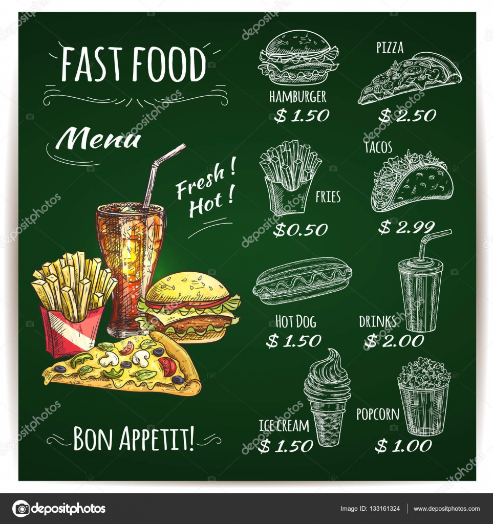 Menú de comida rápida bosquejo tiza en pizarra Vector de stock por ...