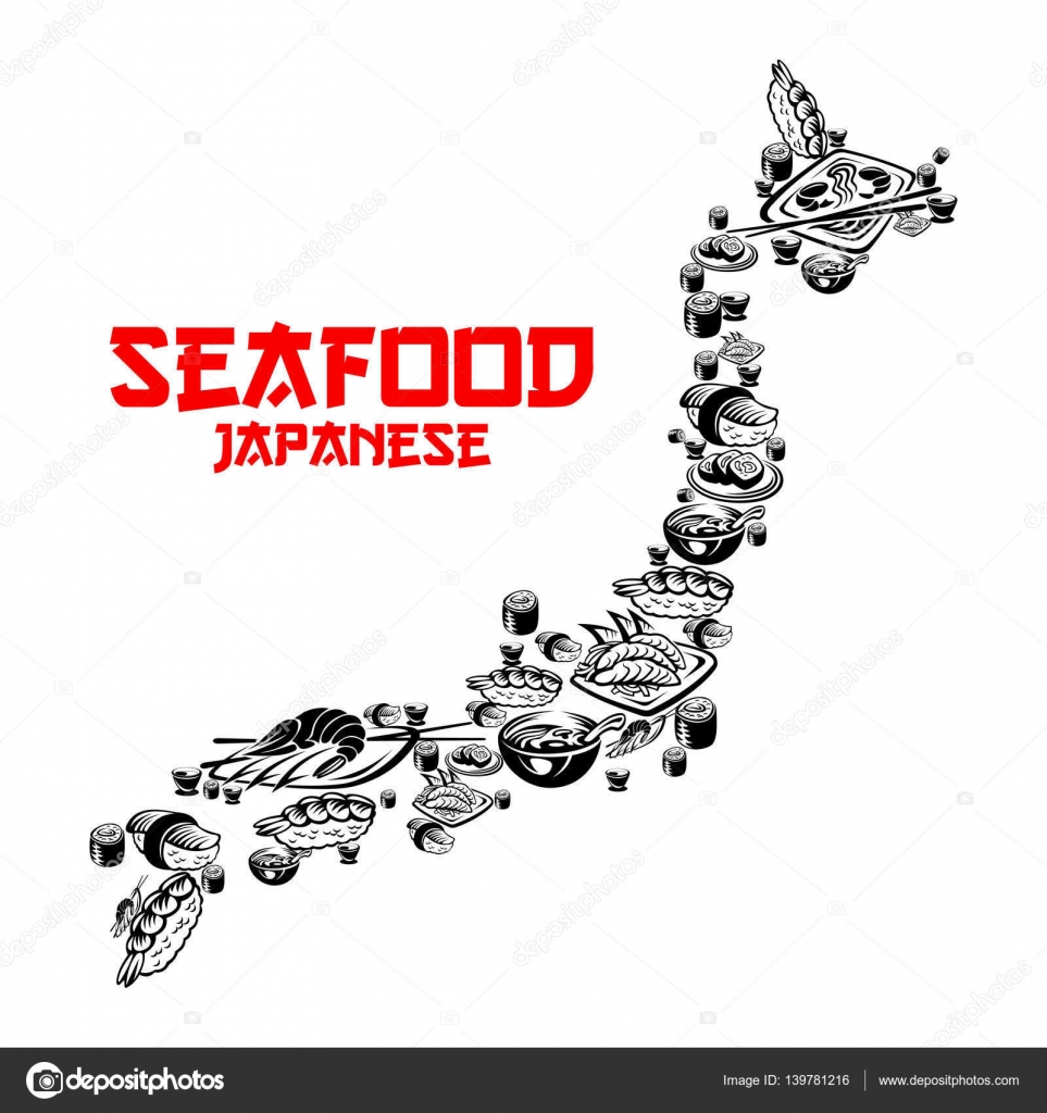 Japanese seafood, sushi forming map of Japan Stock Vector by ...