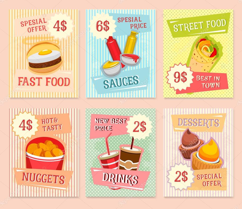 Comida rápida snacks vector tarjetas de precios plantillas 2022