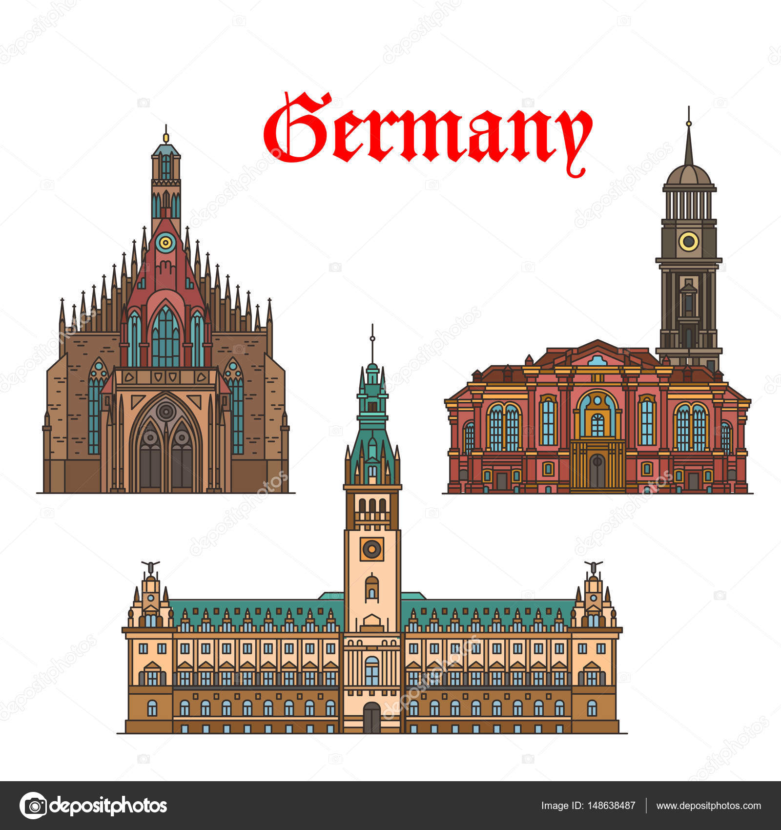 German travel landmarks icon of church, city hall Stock Vector Image by ...