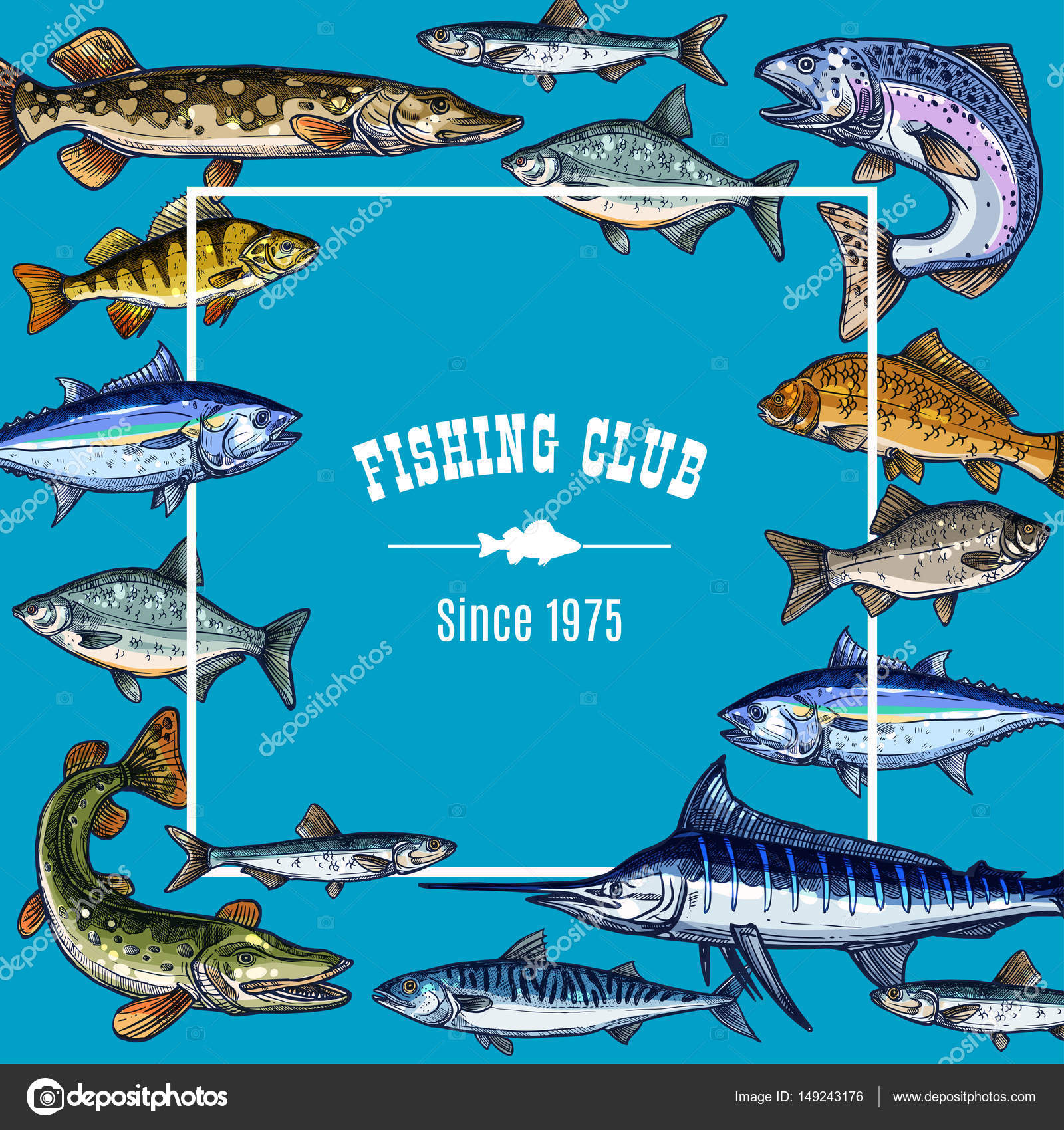 Templat poster Vektor Sketsa untuk klub memancing — Stok Vektor ...