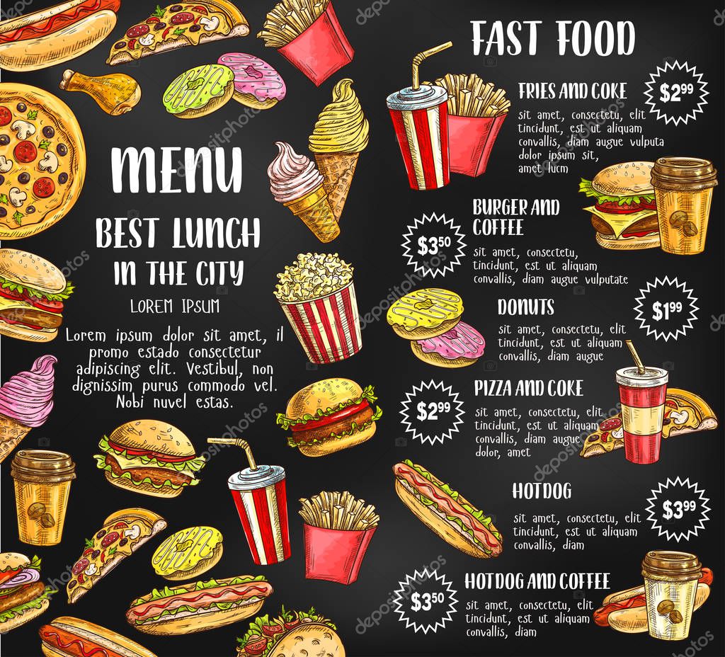 Restaurante de comida rápida menú vector bosquejo cartel 2023