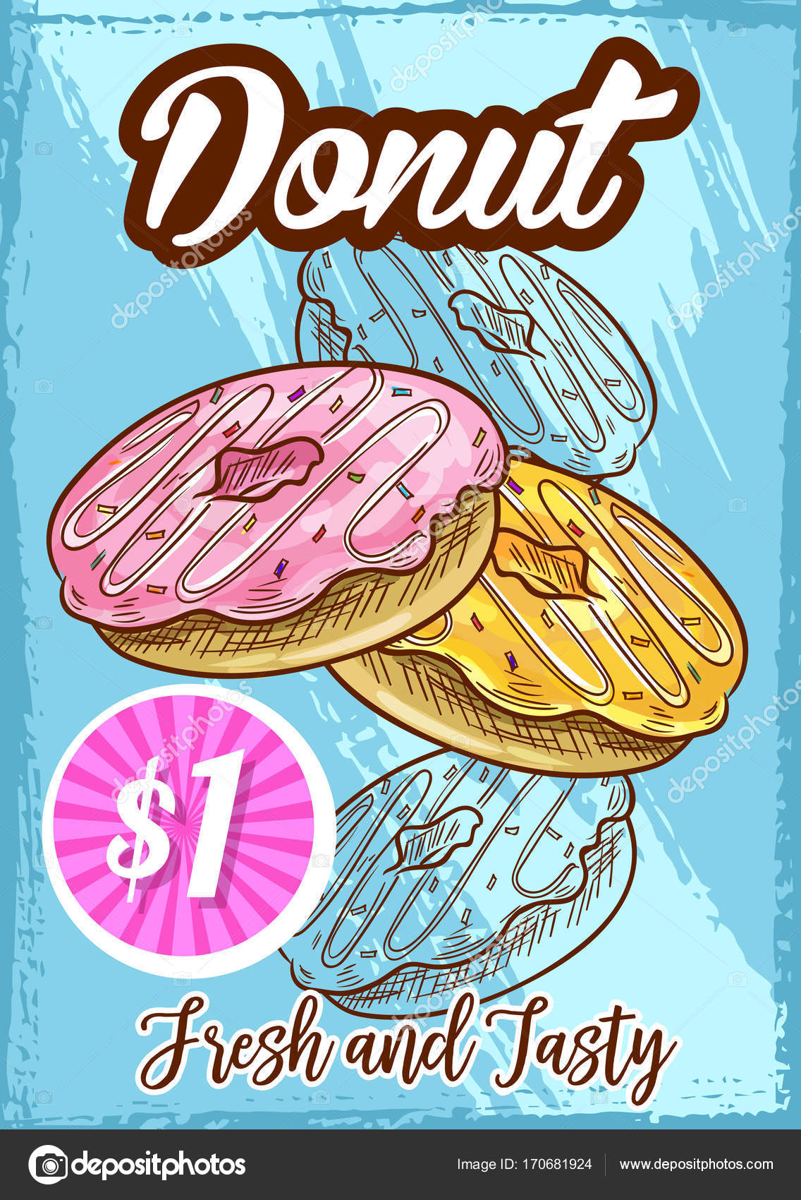 Poster sketsa menu vektor untuk makanan penutup kue donat Vektor Stok ...