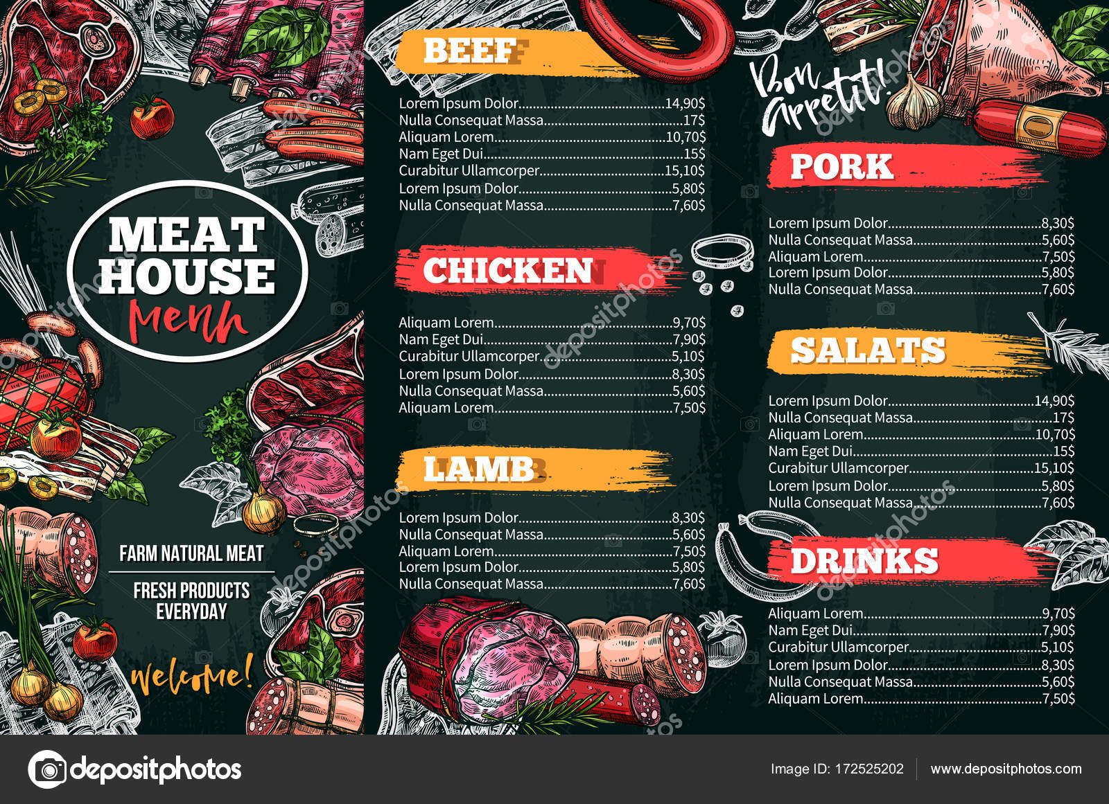 Menú de bocetos vectoriales para restaurante de carne Stock Vector by ...