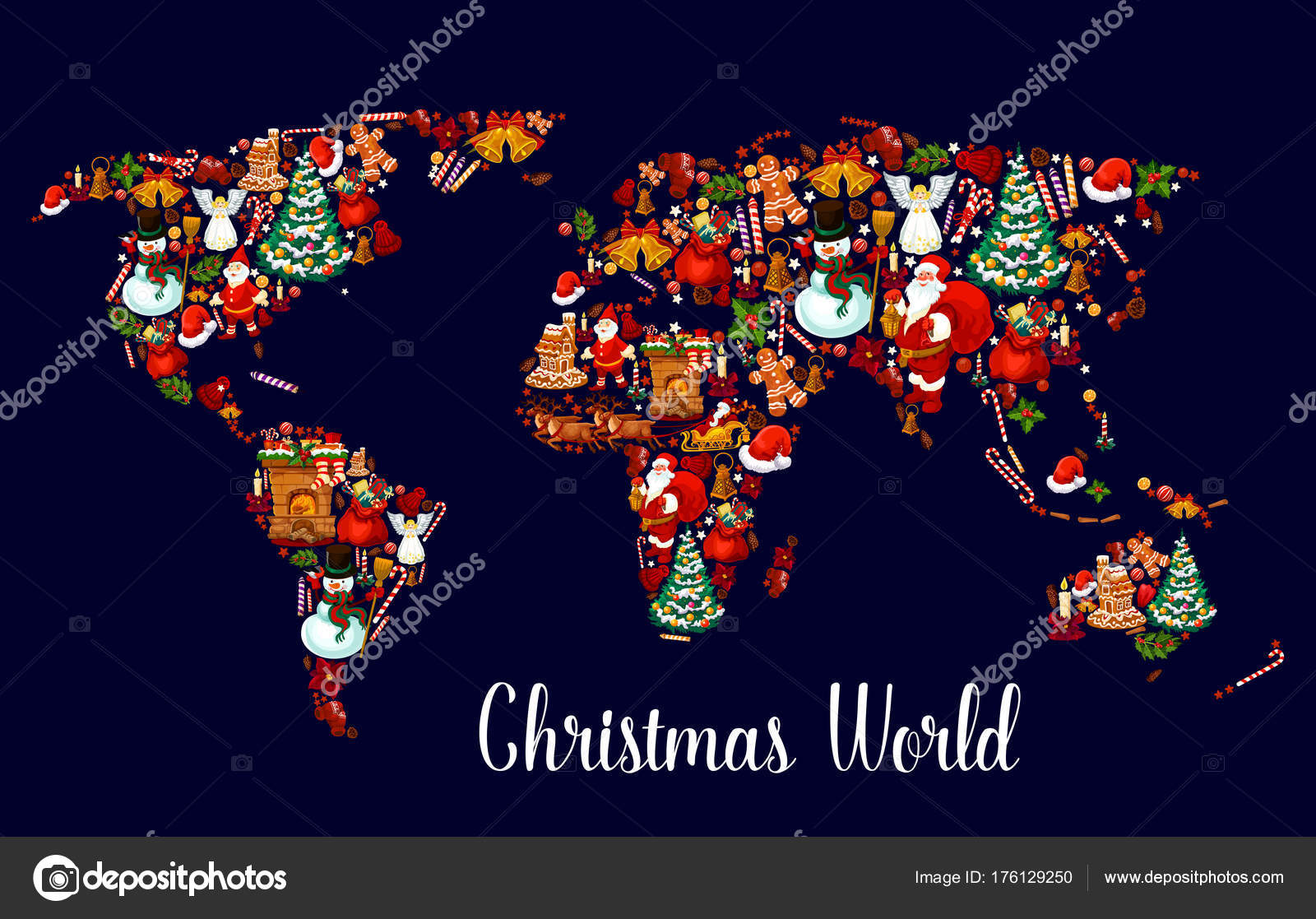 Christmas world map with New Year holiday symbols Stock Vector Image by ...