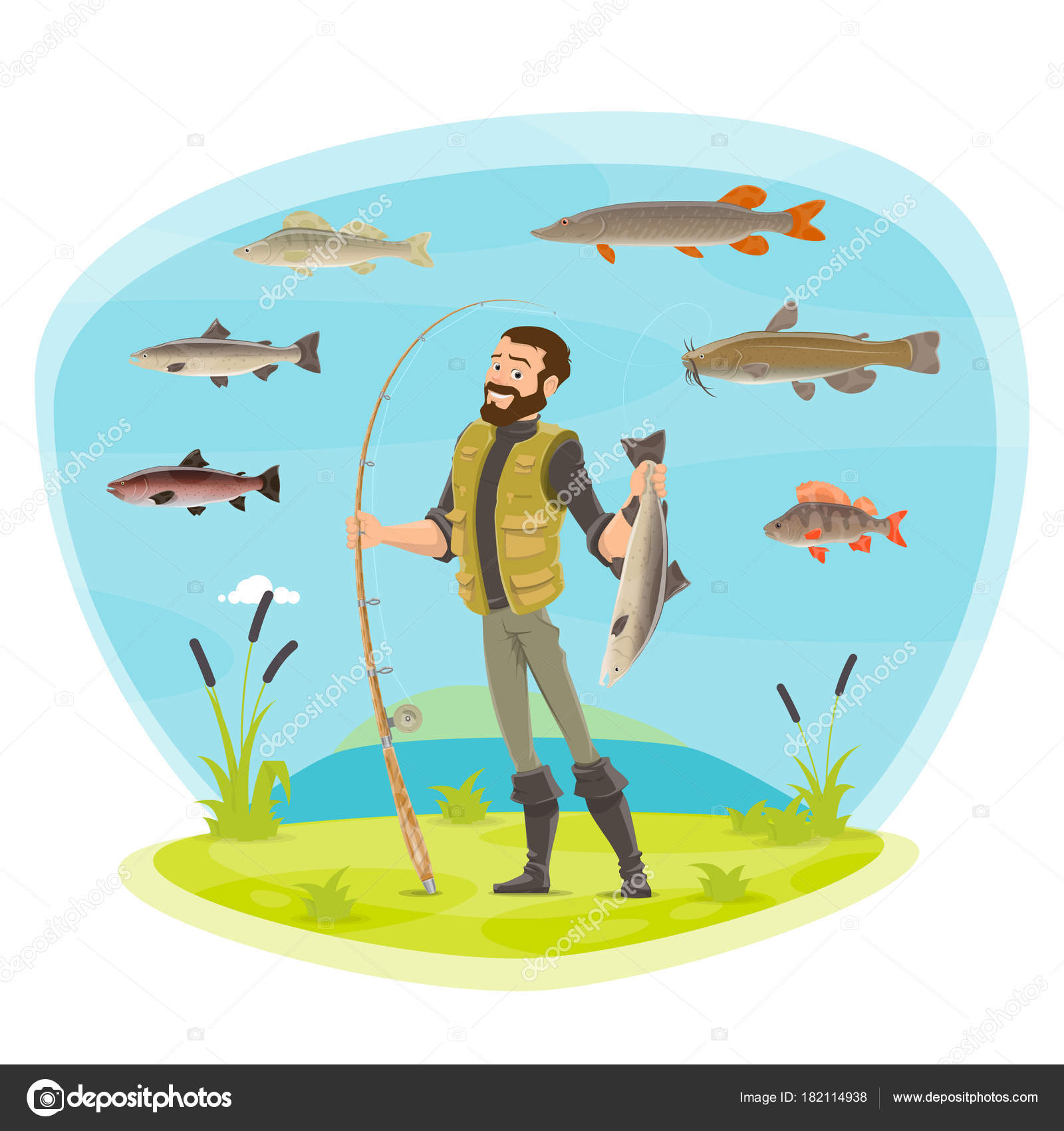 Vector fisherman man fishing and fish catch Stock Vector by ©Seamartini ...
