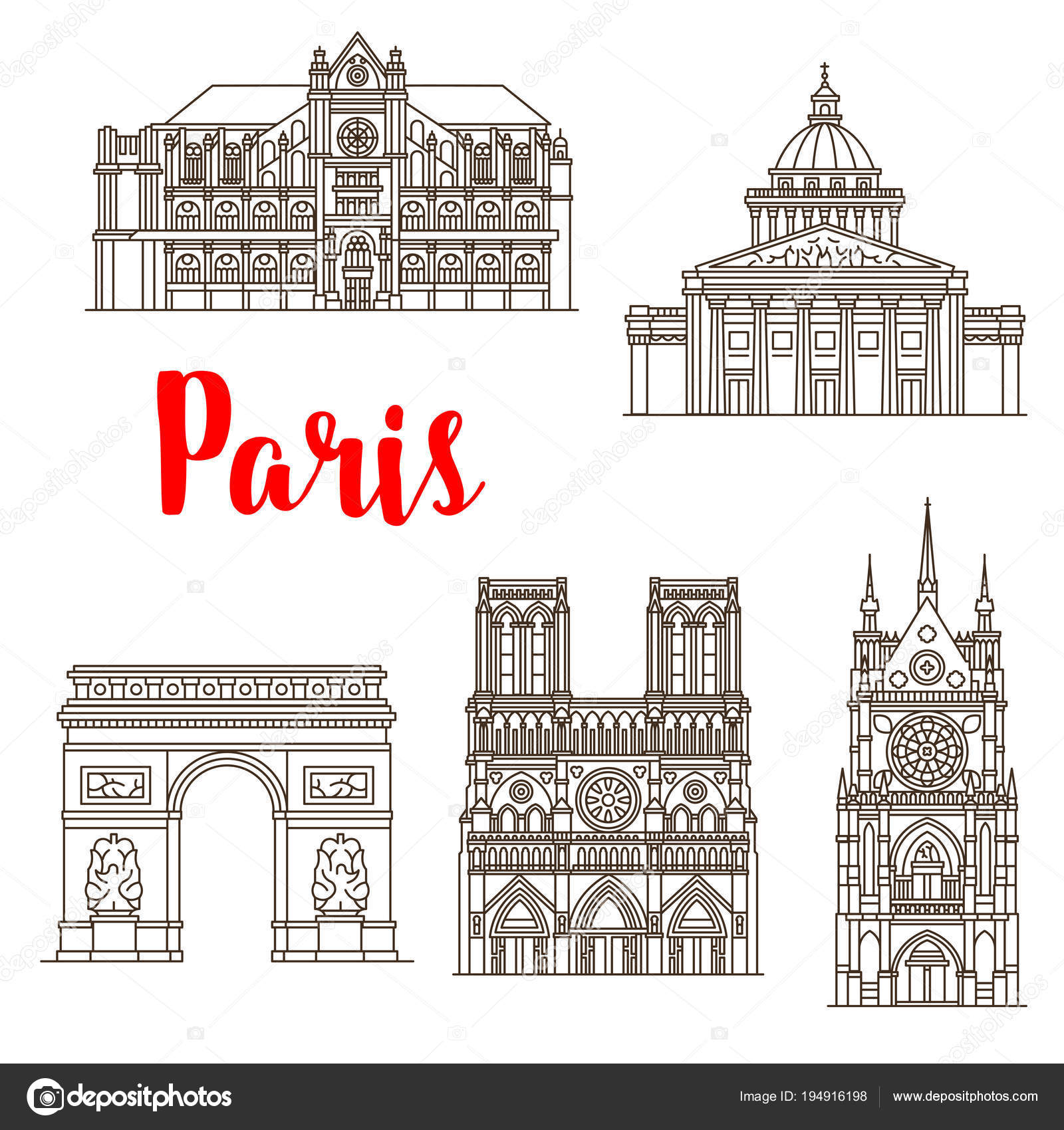 Paris famous landmarks vector buildings icons — Stock Vector ...