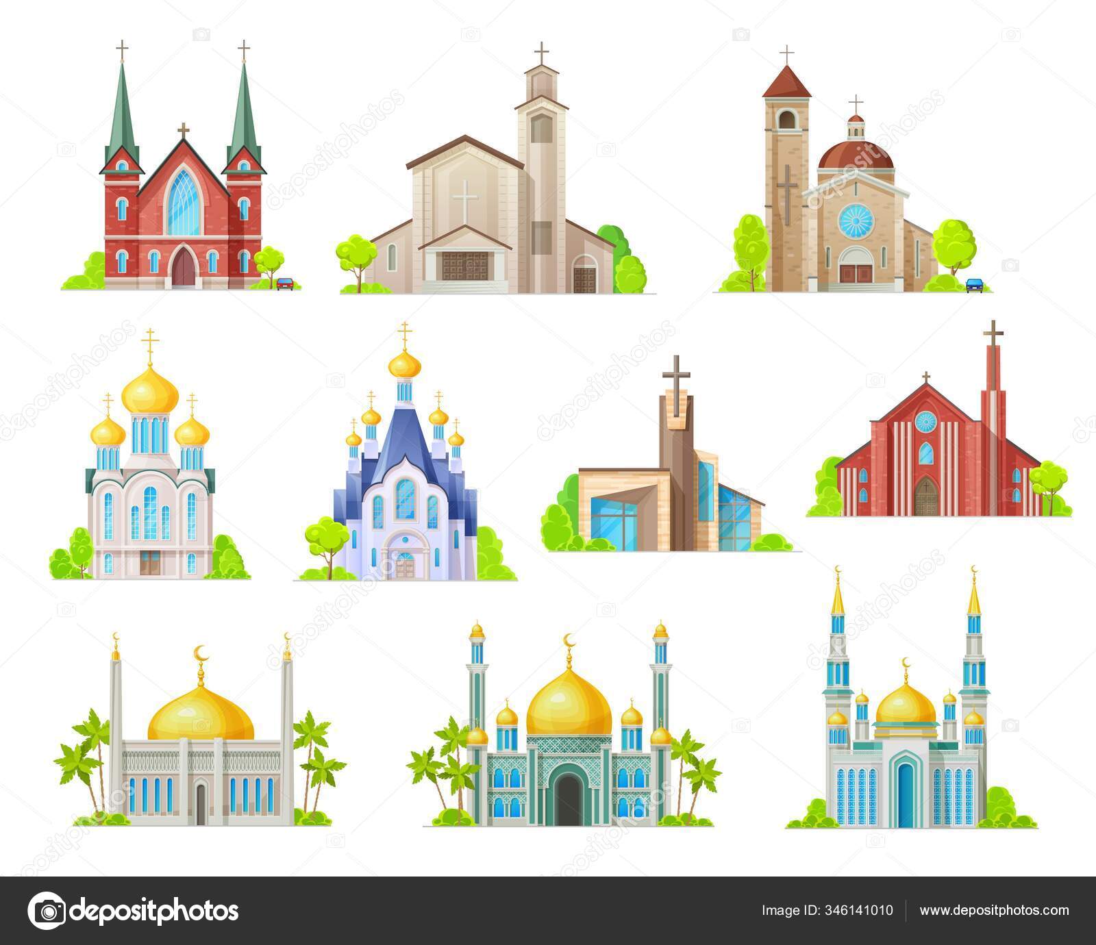 Iglesia, mezquita y templo. Edificios religiosos Vector de stock #346141010 de ©Seamartini