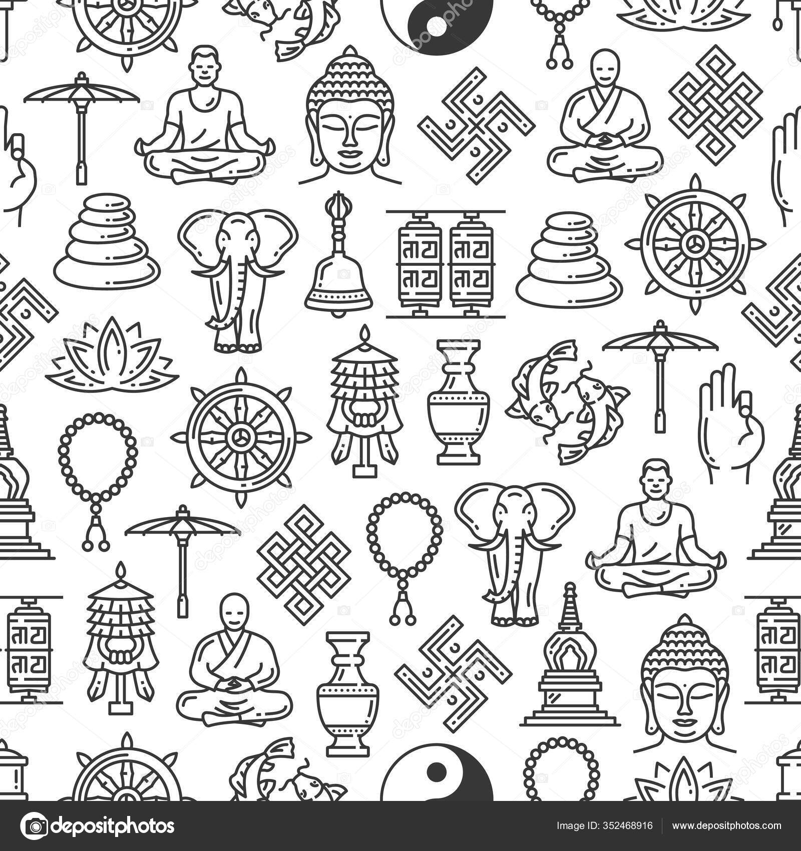 Buddhism Seamless Pattern Outline Vector Symbols White Background Zen ...