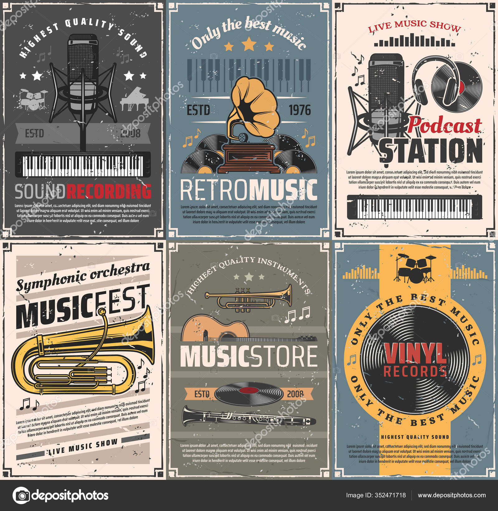 Music Sound Recording Retro Posters Vector Vintage Cards Audio ...