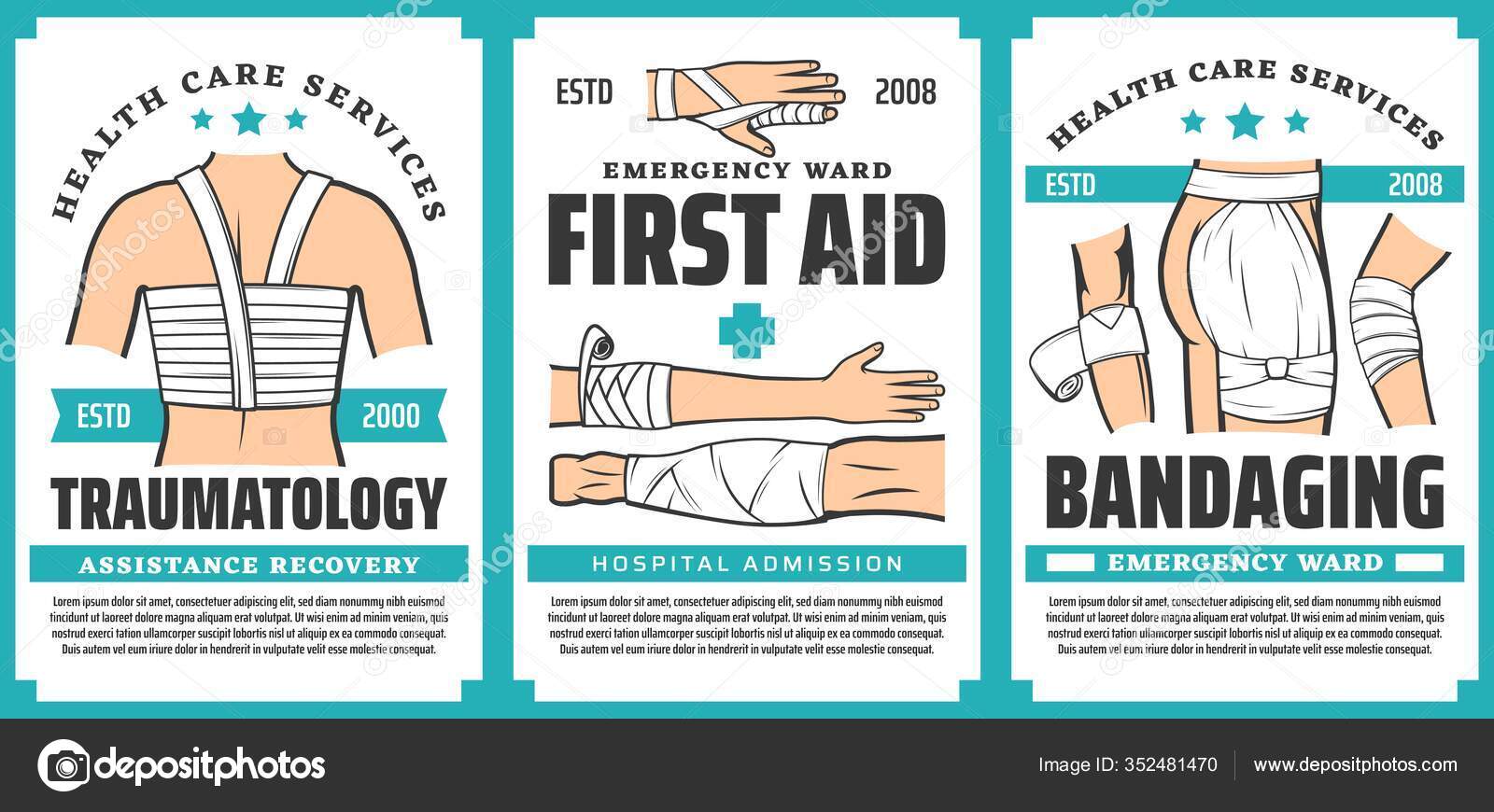 First Aid Trauma Bandaging Posters Vector Hospital Admission Assistance ...