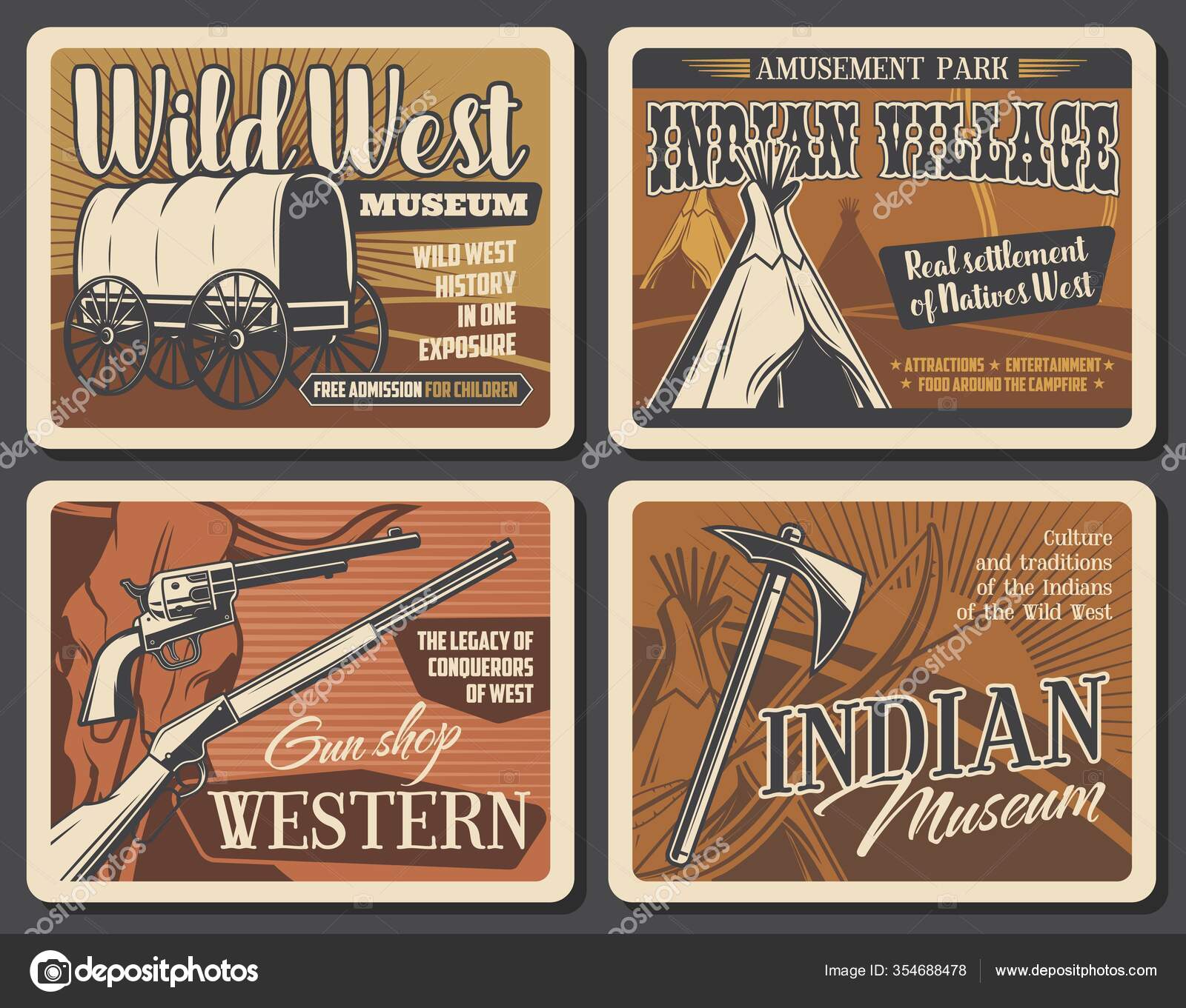 Wild West Western Cowboy Indians Vector Retro Posters Wild West Stock ...