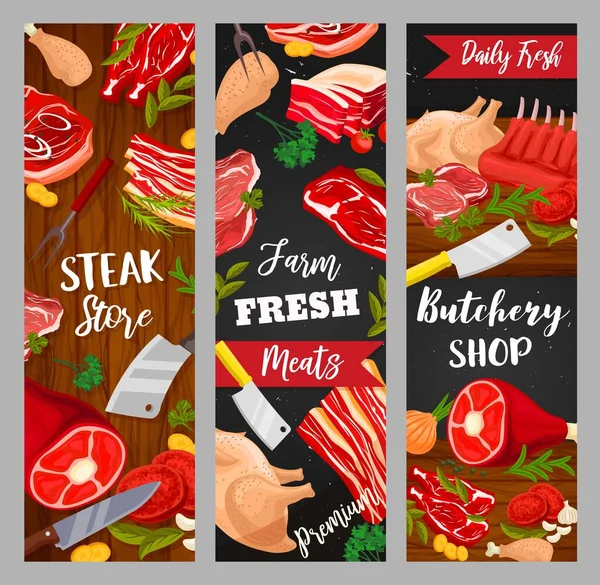 Meat Butcher Shop Beef Pork Lamb Food Vector Banners Posters Stock ...