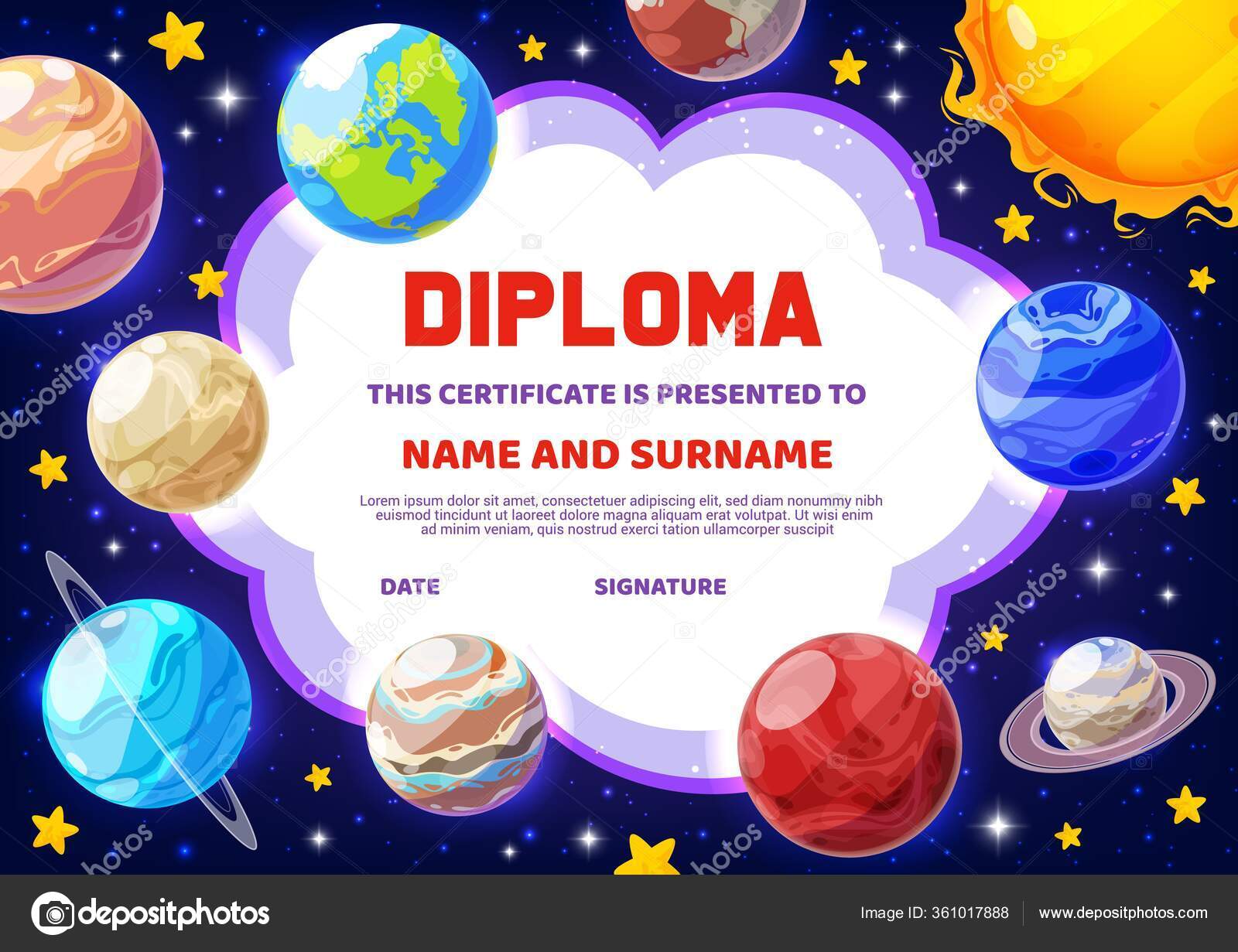 Diploma Certificate Cartoon Galaxy Planets Vector Template Kindergarten ...
