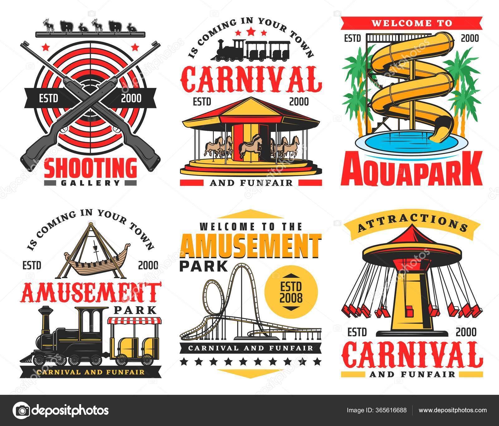 Amusement Park Vector Icons Funfair Carnival Aquapark Family Kids ...
